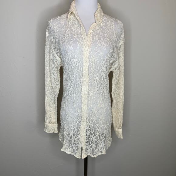 Vintage | Tops | Vintage Sheer Lace Blouse Shirt Sz 6 Ivory Cream ...